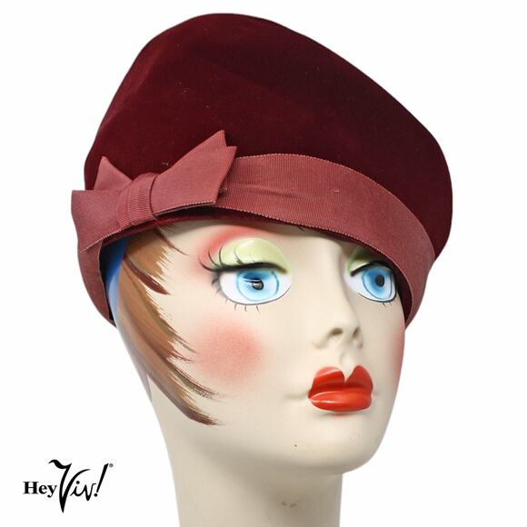 Vintage | Accessories | Vintage Burgundy Red Velvet Pill Box Hat Cloche ...